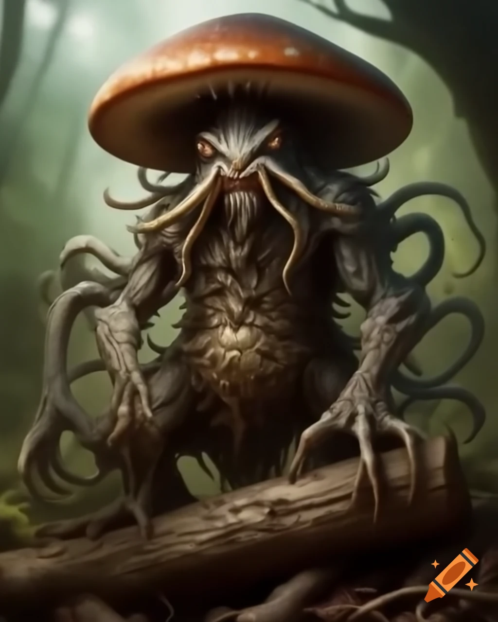 Surreal dark fantasy illustration of a mushroom monster with log limbs ...
