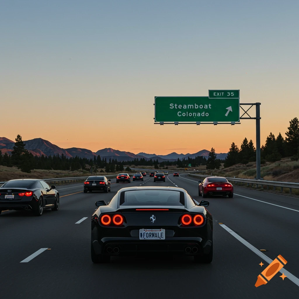 Clipart of sports cars on a highway at sunset with a Steamboat Colorado ...
