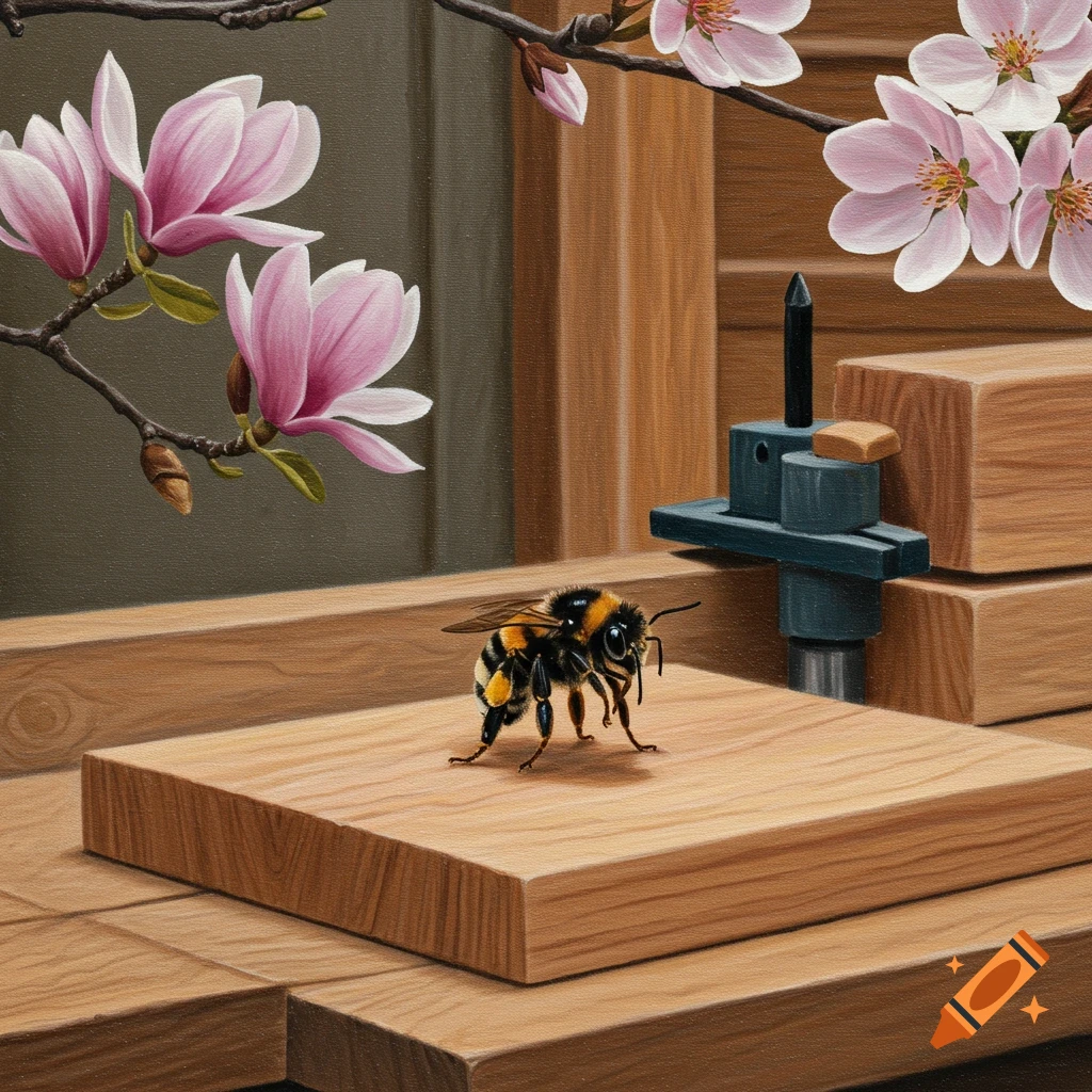 Busy bee in a wood shop making a maple cutting board with springtime ...