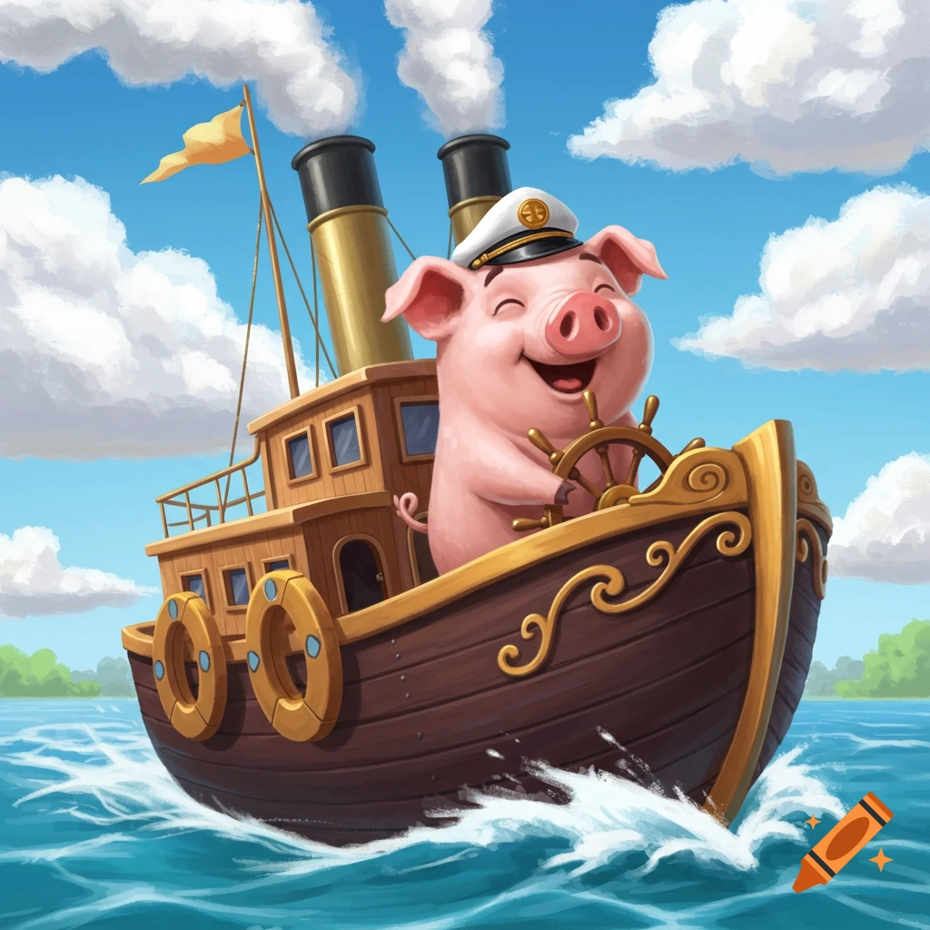 Flying pig riding a steamboat cartoon illustration style image for SEO ...