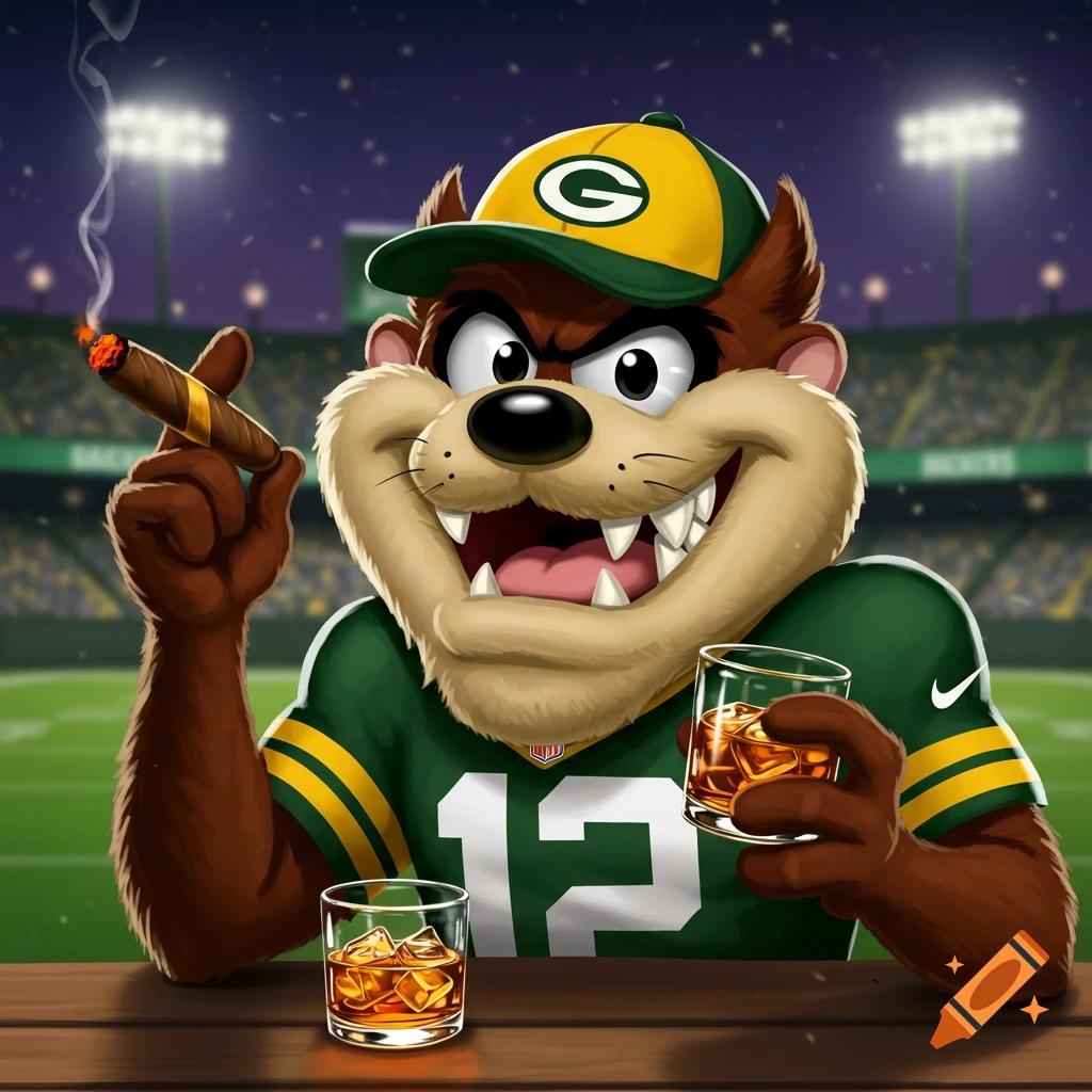 Green Bay Packers Taz with cigar and whiskey glass on Craiyon