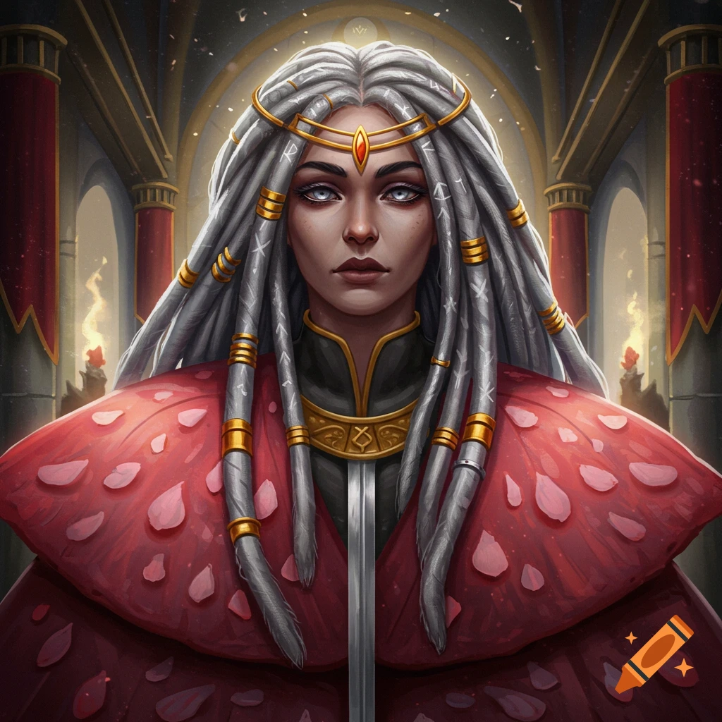 Woman in ceremonial robes with silver locs and intricate braid on Craiyon