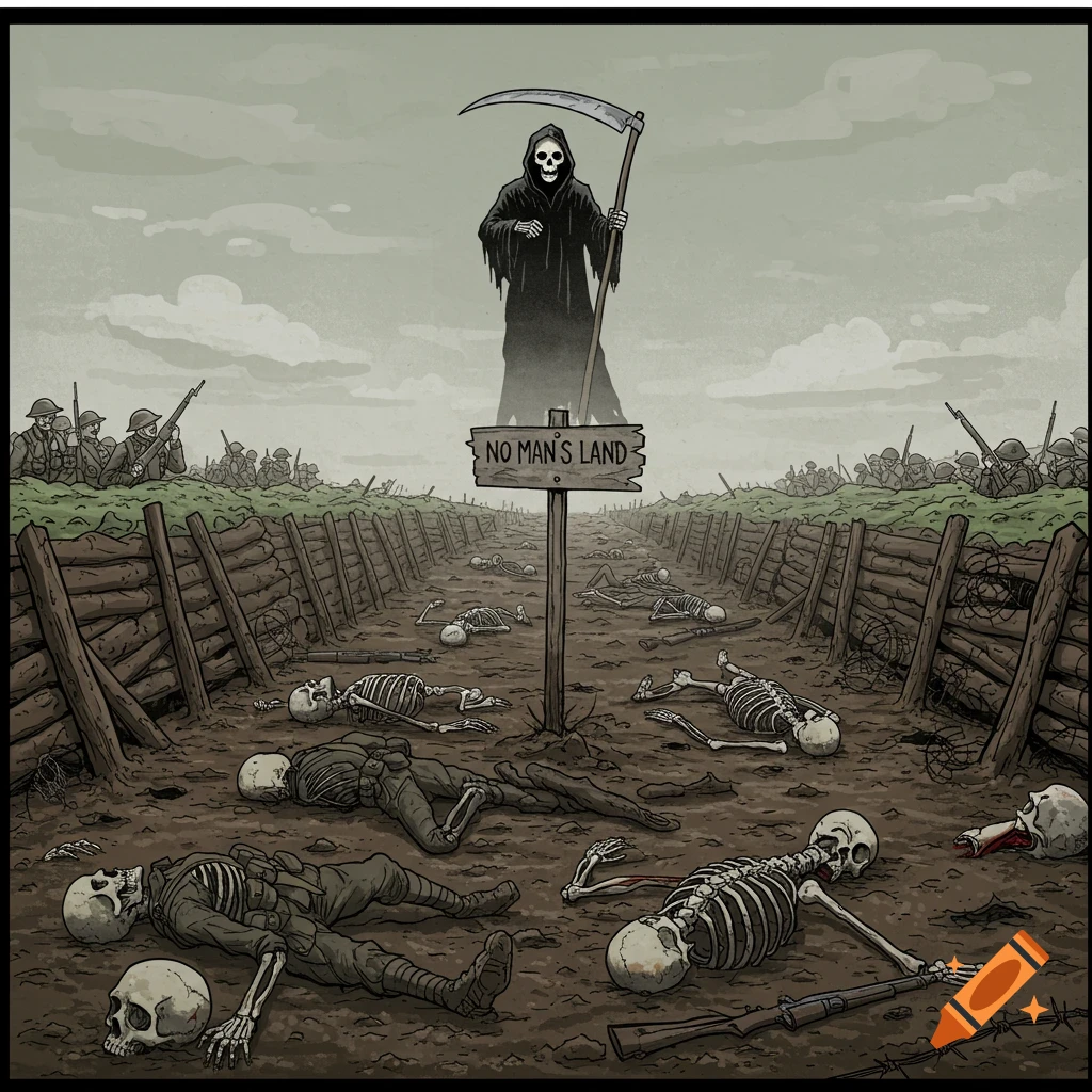 Political cartoon of no man's land during WWI on Craiyon