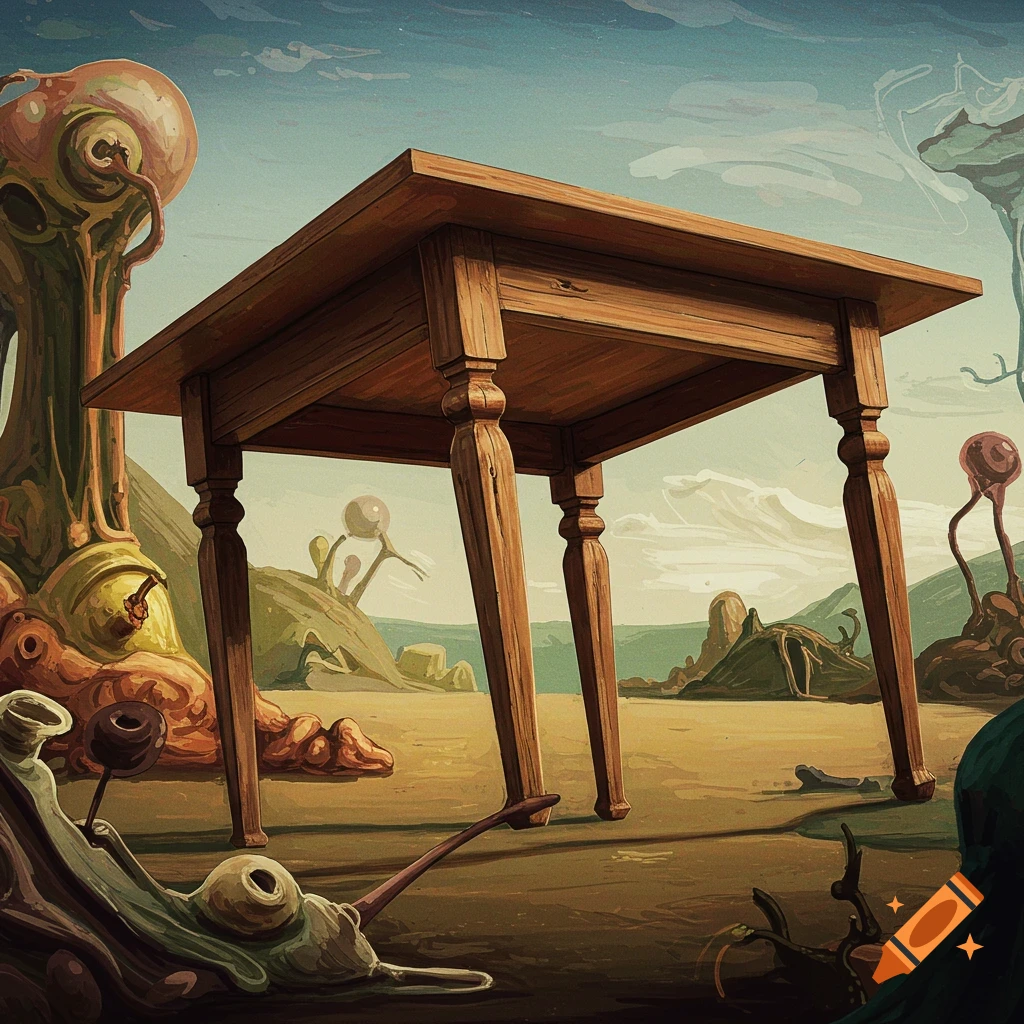 Upside down wooden table in Max Ernst surrealism style on Craiyon