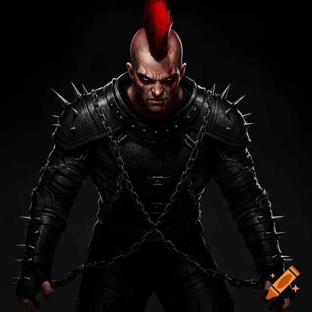 Man with red and black mohawk, in black with chains and spikes on Craiyon