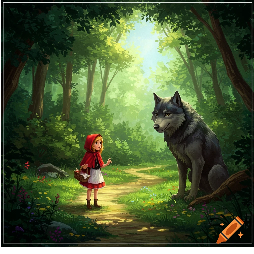 Little Red Riding Hood meets a talking wolf in the woods on Craiyon