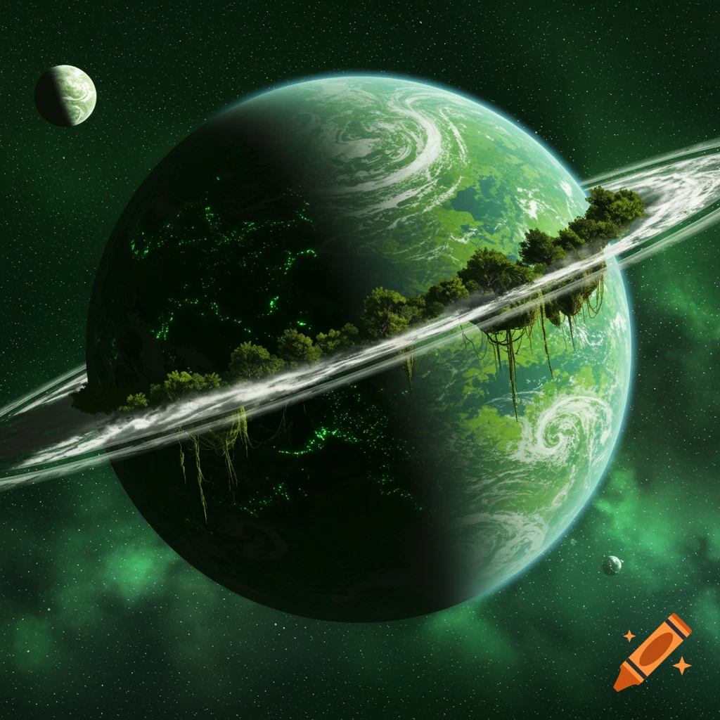 Emerald planet with dense forests, glowing lakes, and swirling clouds ...