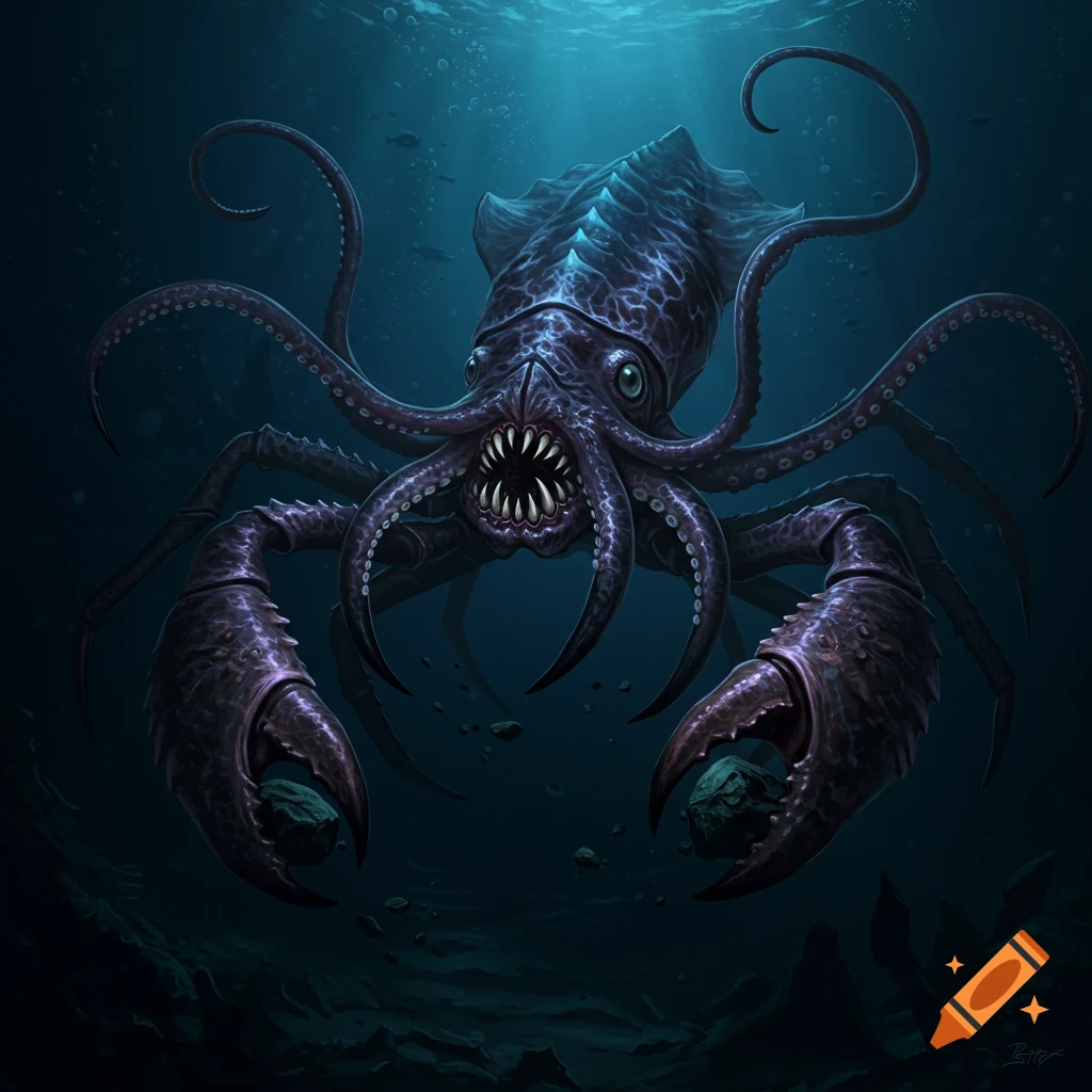 Abyssal plain marine creature with squid-like body, sharp teeth, rock ...
