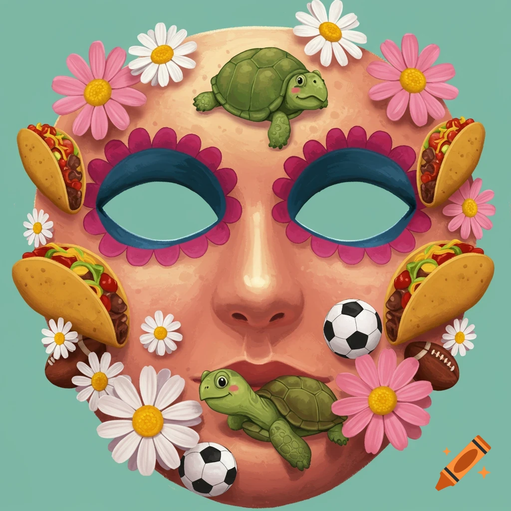 Mask adorned with daisies, tacos, soccer balls, and a turtle. on Craiyon