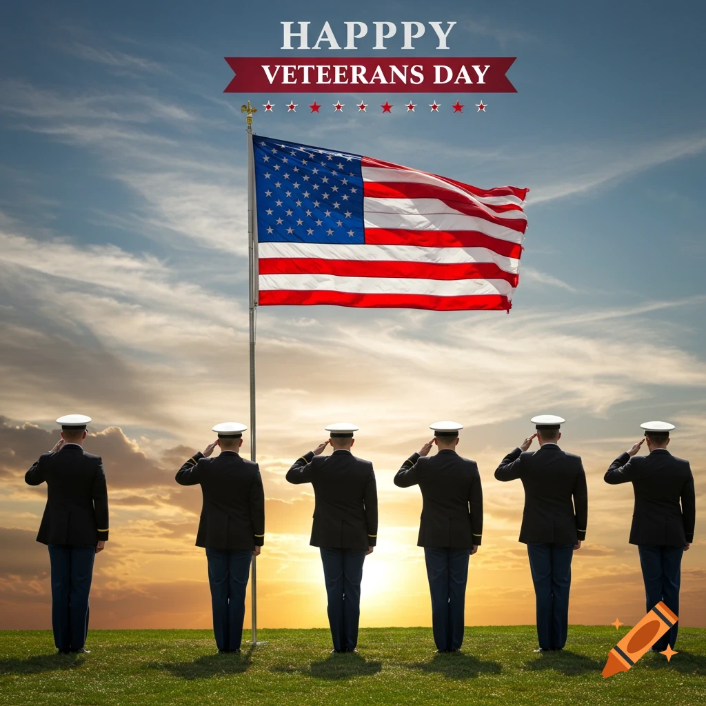 Military Veterans Day parade with soldiers saluting American flag on Craiyon