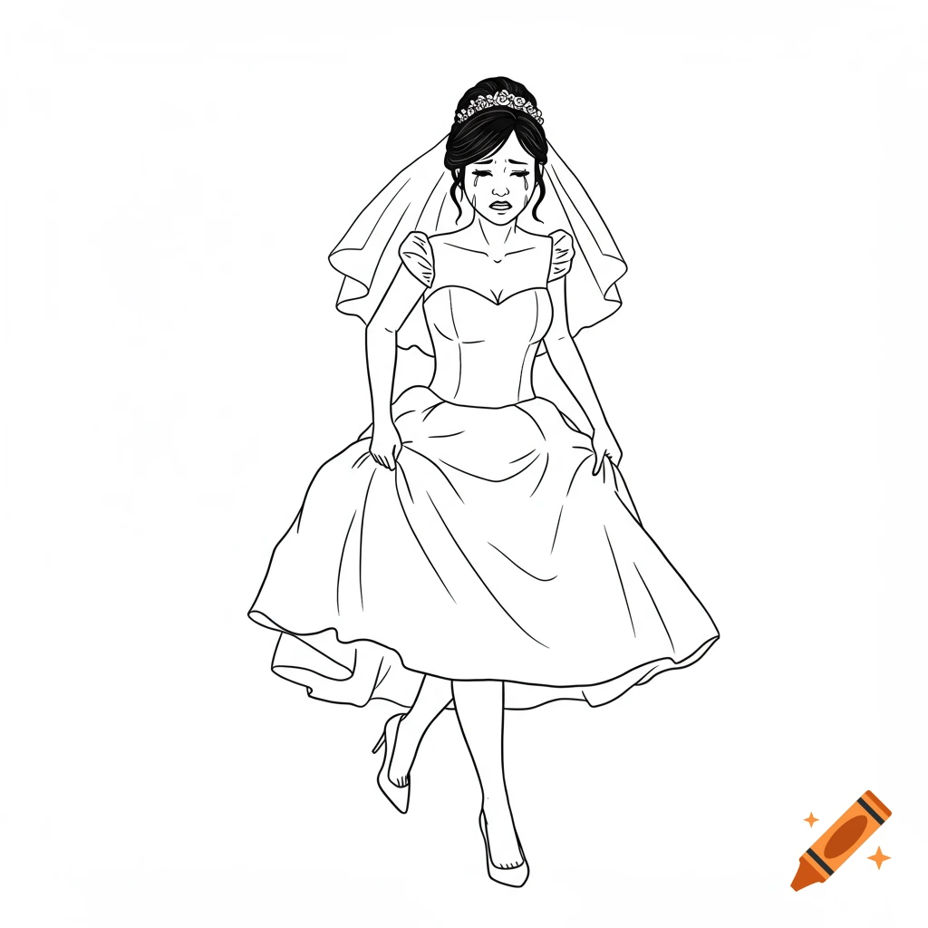 Outline sketch of sad Asian bride running in wedding dress on Craiyon