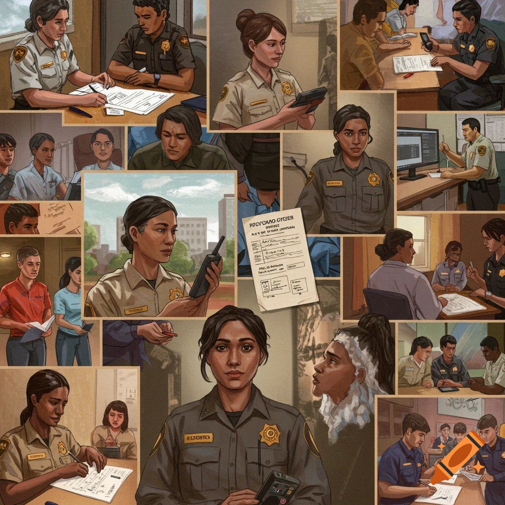 Picture collage of duties of probation and parole officers on Craiyon