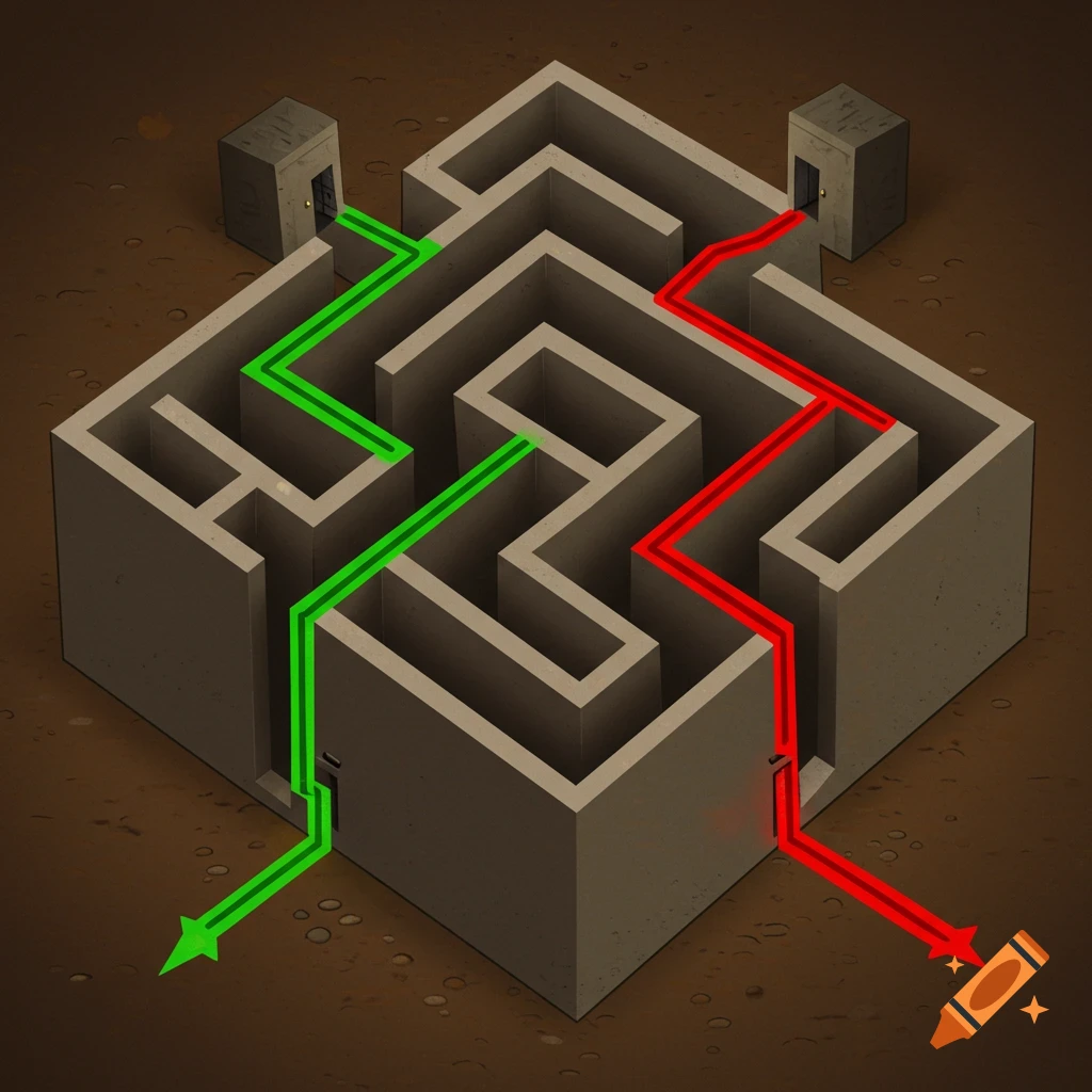 Maze with three paths leading to doors, two in green, one in red. on ...