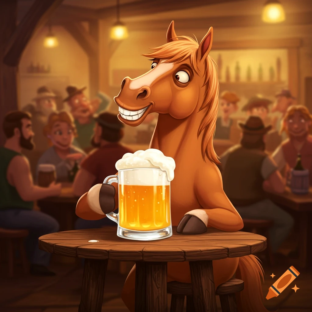Cartoon horse drinking beer on Craiyon