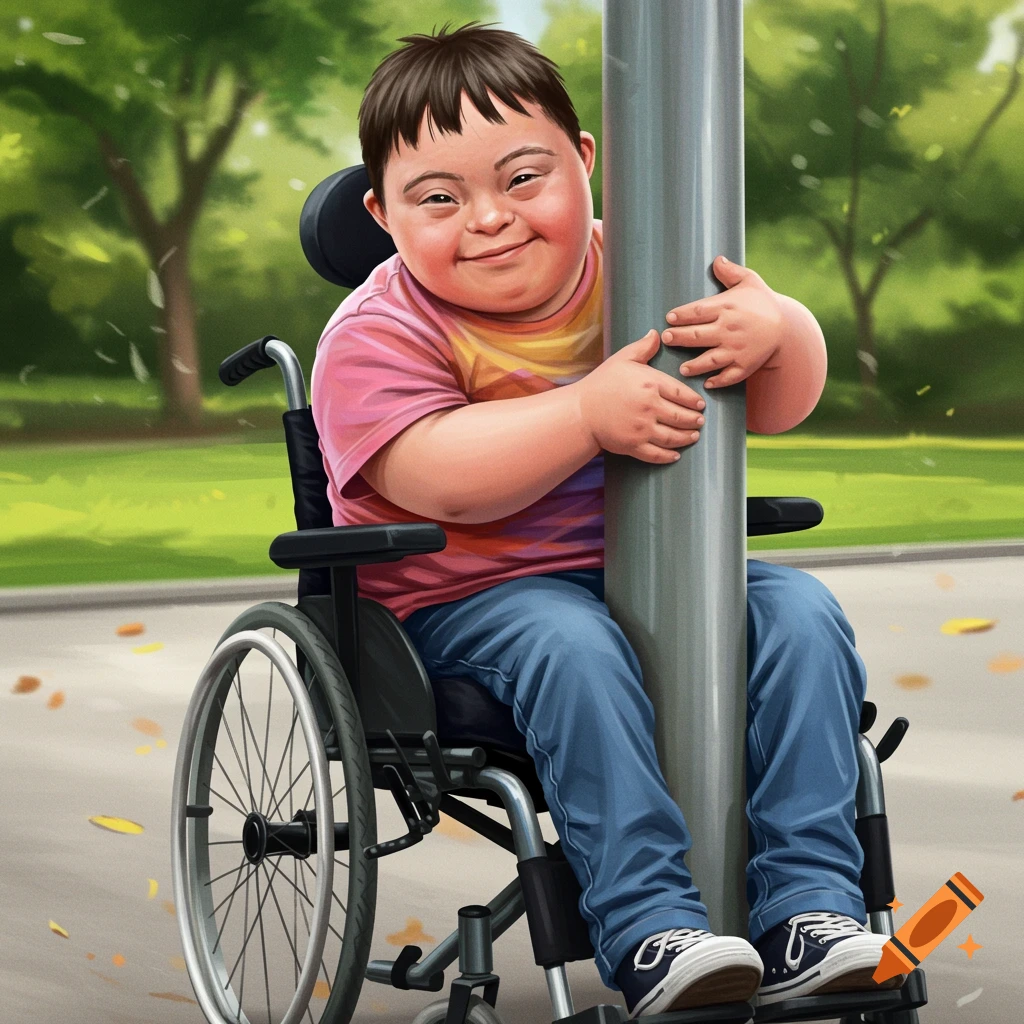 Person with Down syndrome hugging a pole in a wheelchair on Craiyon