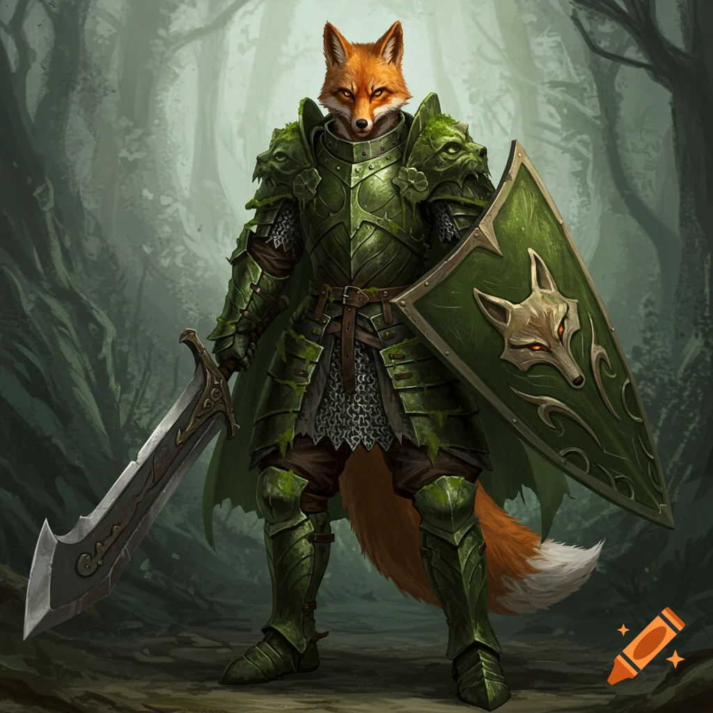 Mossy kitsune paladin in full plate armor with shield and sword on Craiyon