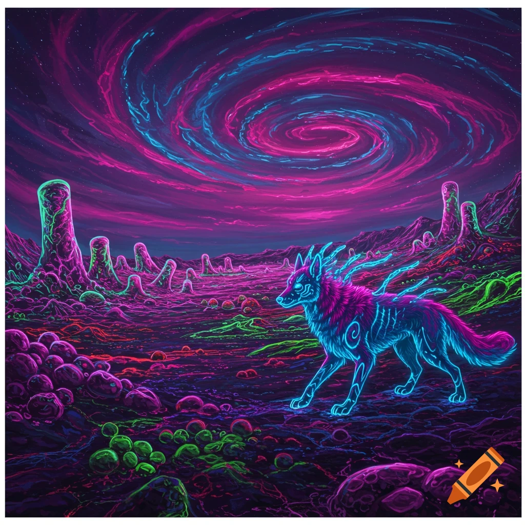 Bioluminescent alien canine in a surreal chemical landscape on Craiyon