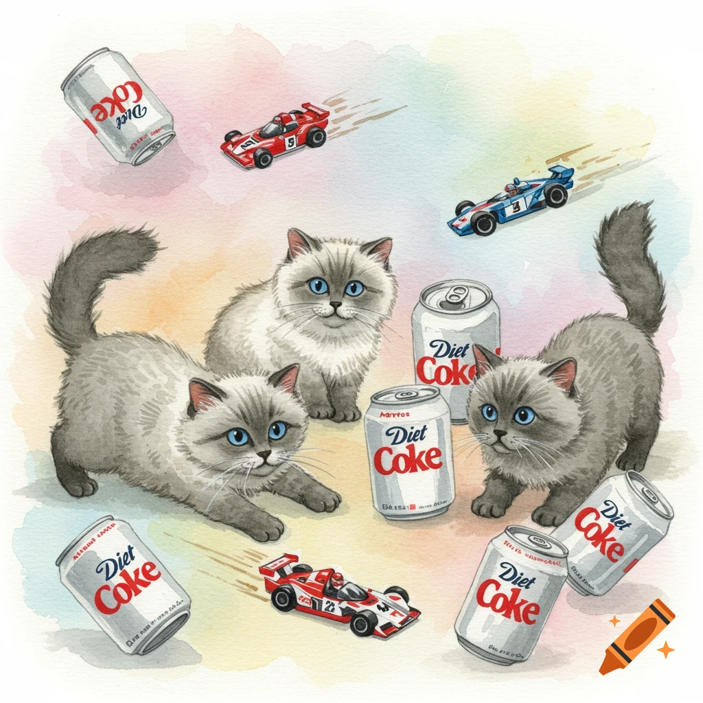 Watercolor illustration featuring grey cats, Diet Coke, and race cars ...