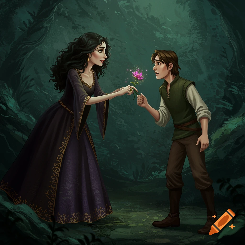 Mother Gothel making deal with Rapunzel's father on Craiyon