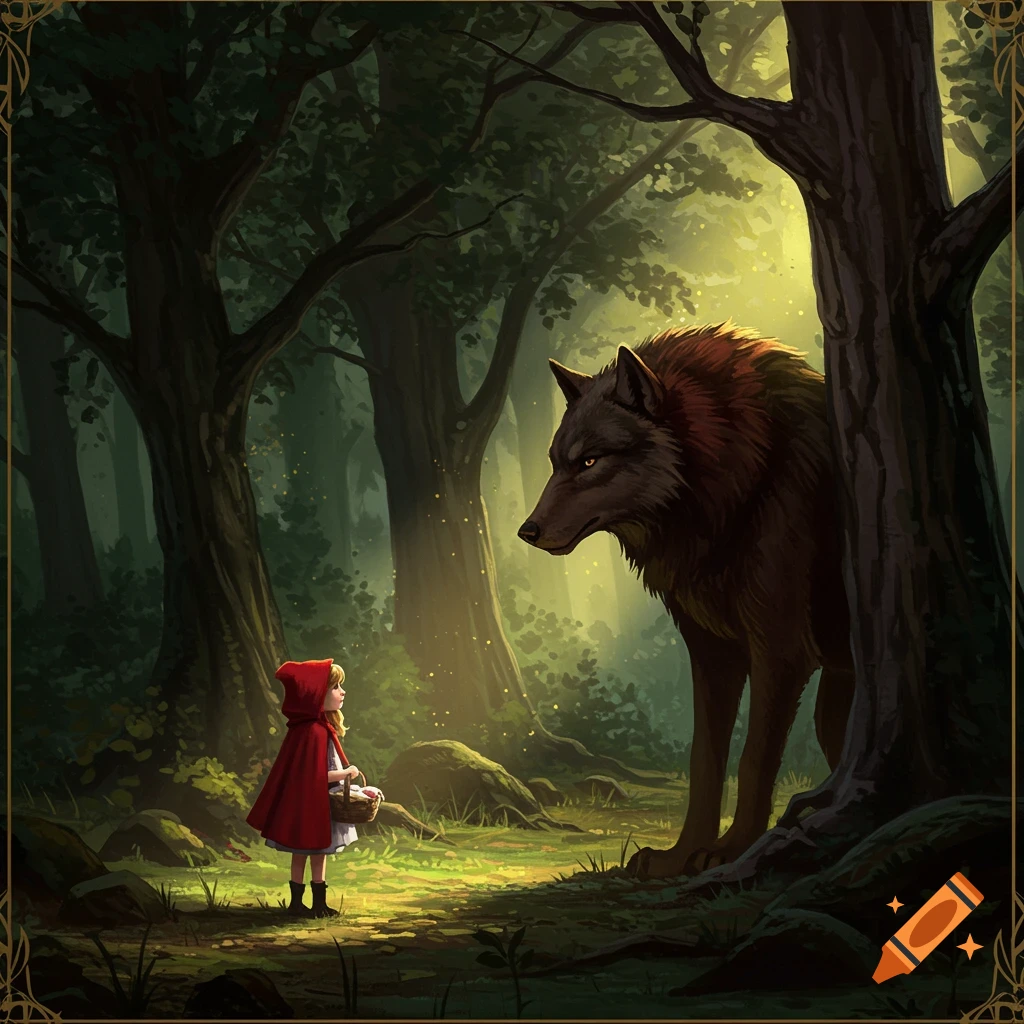 Little Red Riding Hood meets a talking wolf in the woods on Craiyon