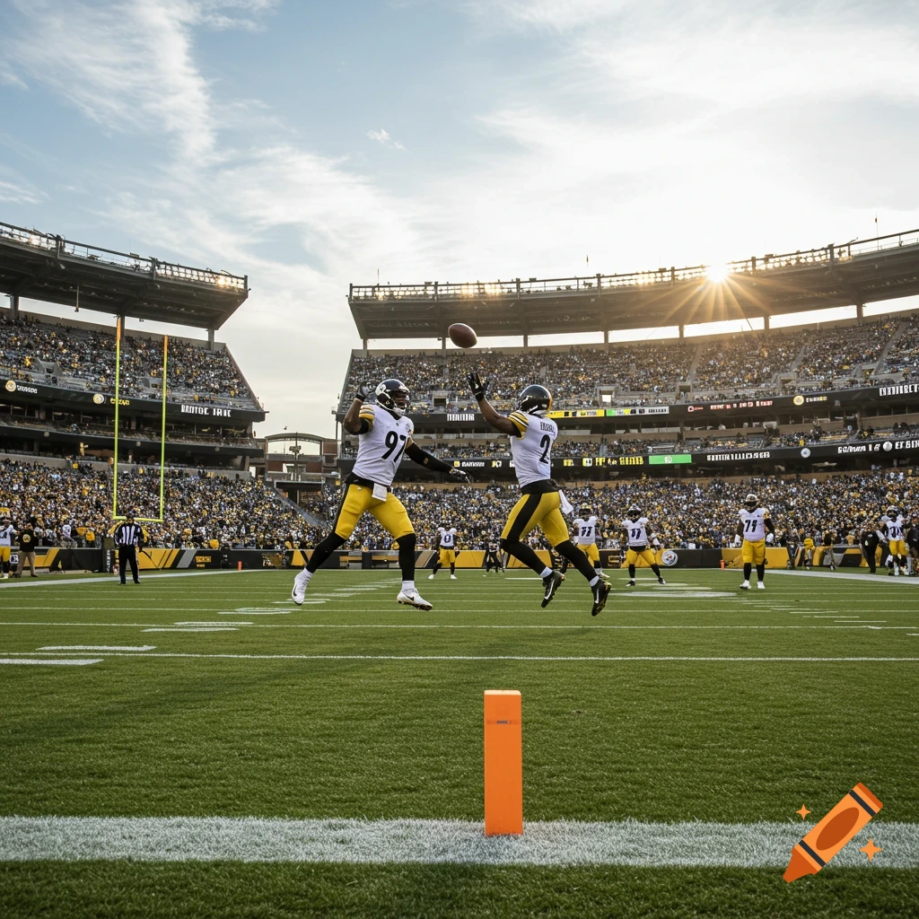 Football game at Pittsburgh Steelers Stadium with touchdown pass on Craiyon