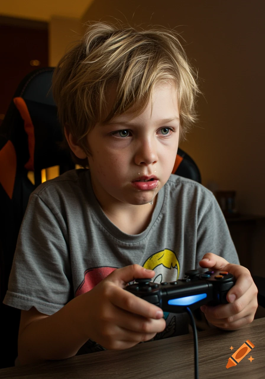 Blond kid playing video games with bad posture on Craiyon