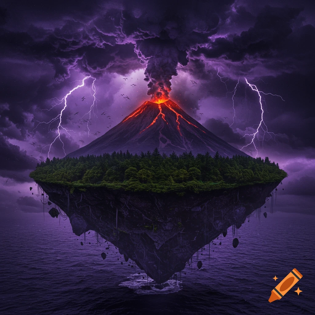 Volcano surrounded by forest with a purple and black storm, floating ...