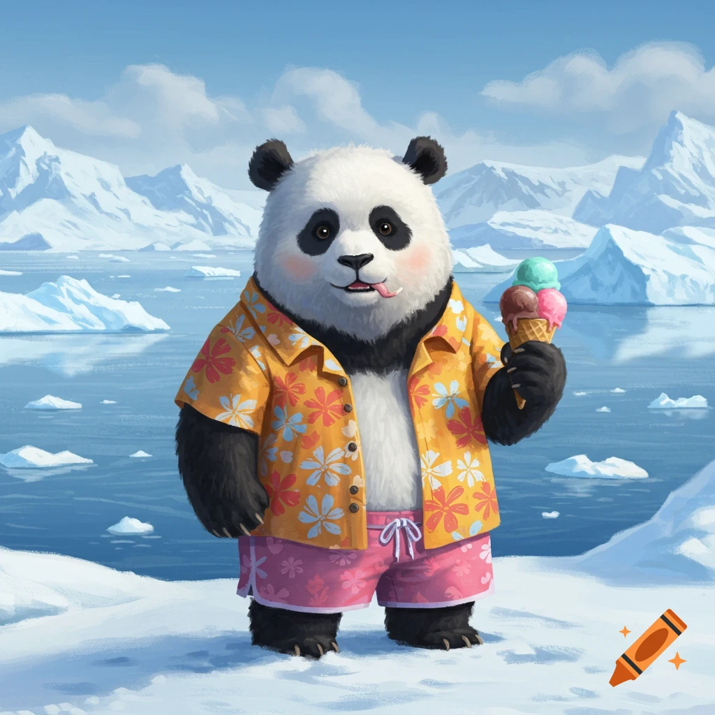 Cute panda in the Arctic wearing a Hawaiian shirt eating ice cream on ...