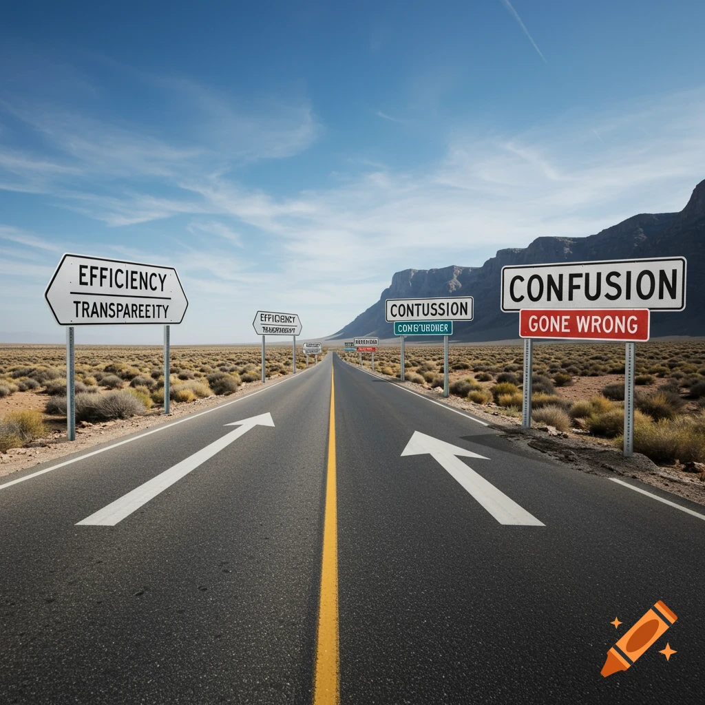 Two diverging roads labeled Efficiency and Transparency on Craiyon