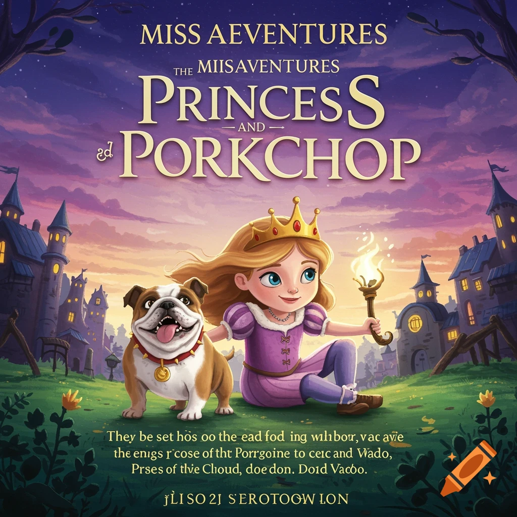 Book cover: The Misadventures of Princess Peighton and Porkchop on Craiyon