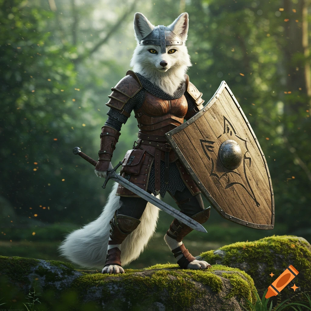Anthropomorphic white fox shield maiden on Craiyon