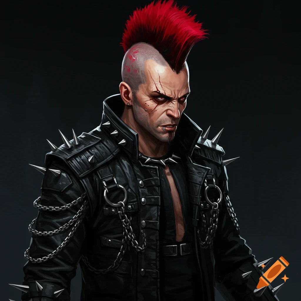 Man with red and black mohawk, in black with chains and spikes on Craiyon