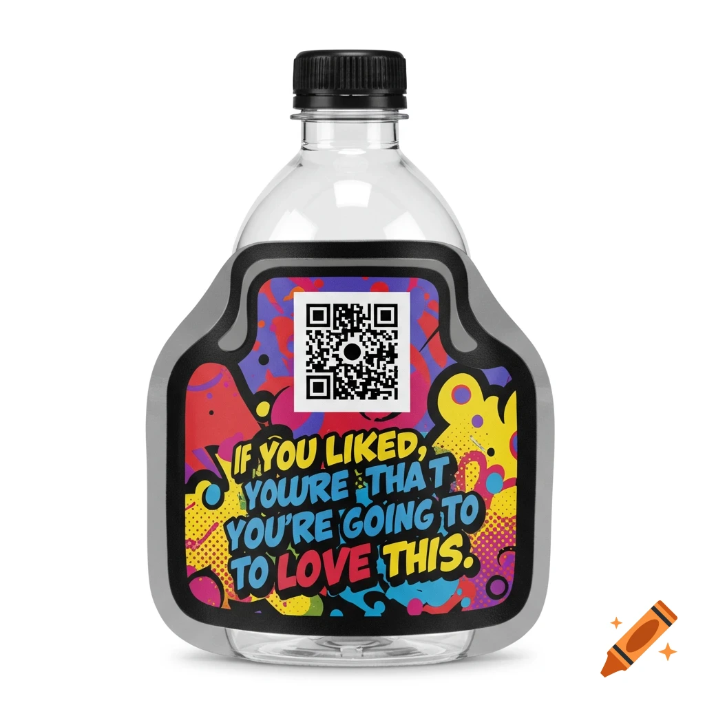 Water bottle cling with QR code and text: 'if you liked that, you’re ...