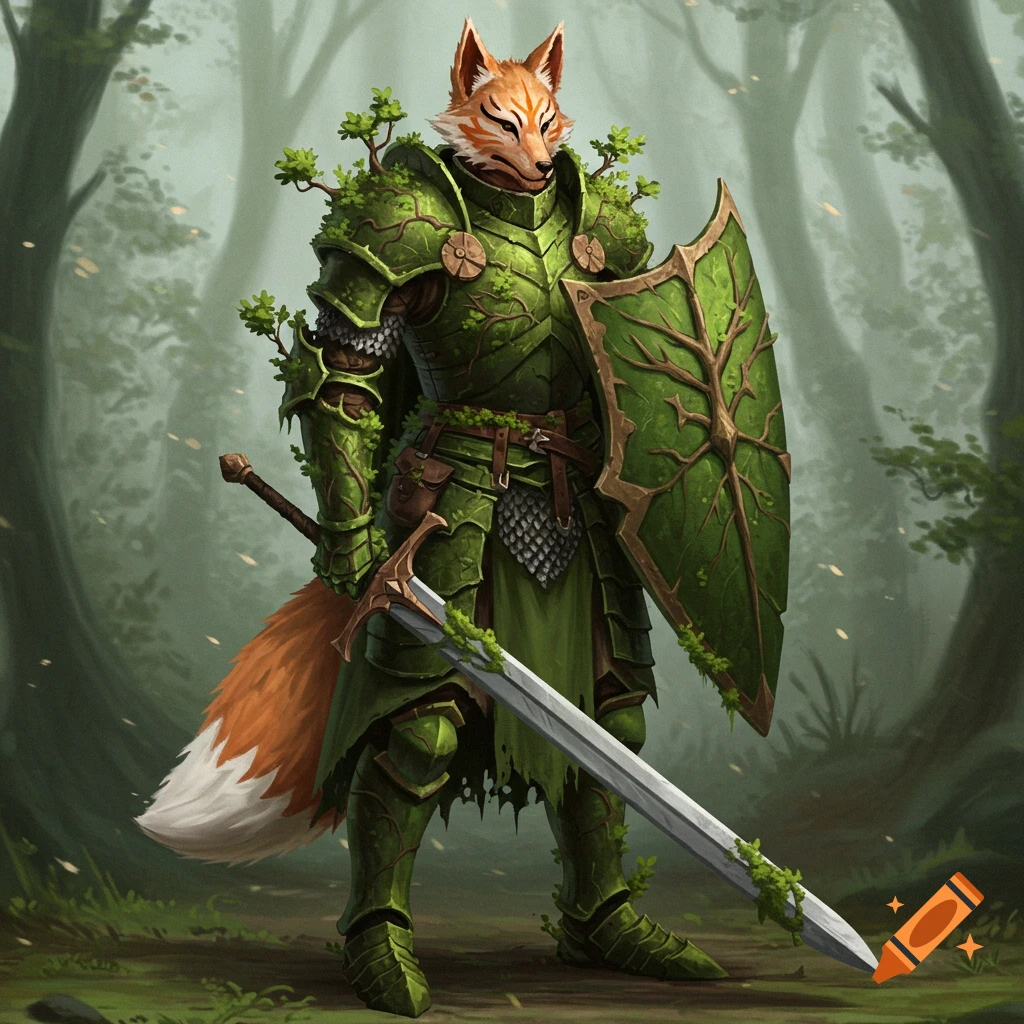 Kitsune paladin in mossy full plate armor with shield and sword on Craiyon