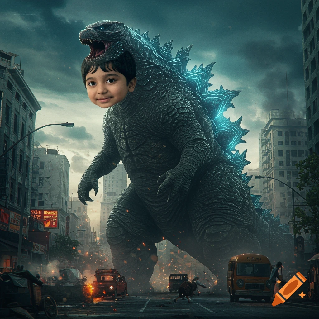 Godzilla with the face of an Indian kid in a city on Craiyon