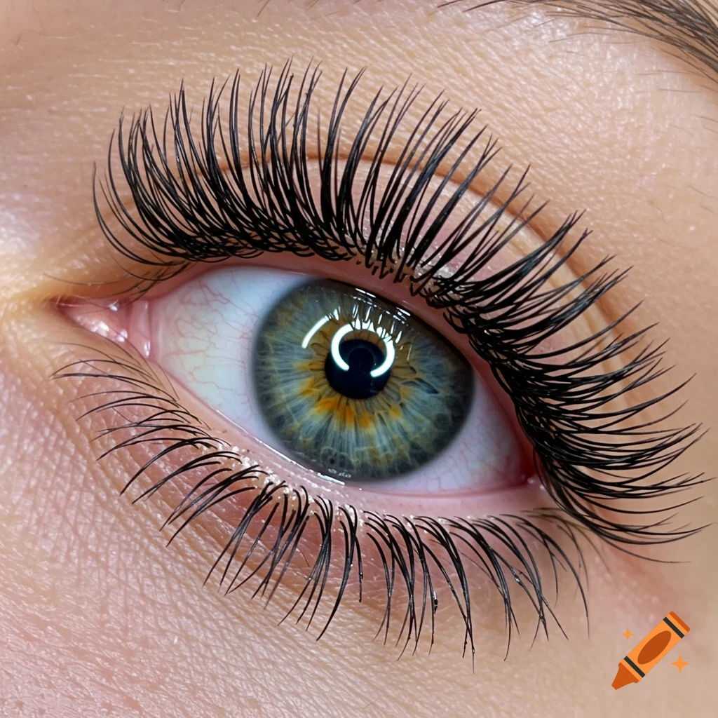 Realistic photo of classic eyelash extensions on one eye for beauty and ...