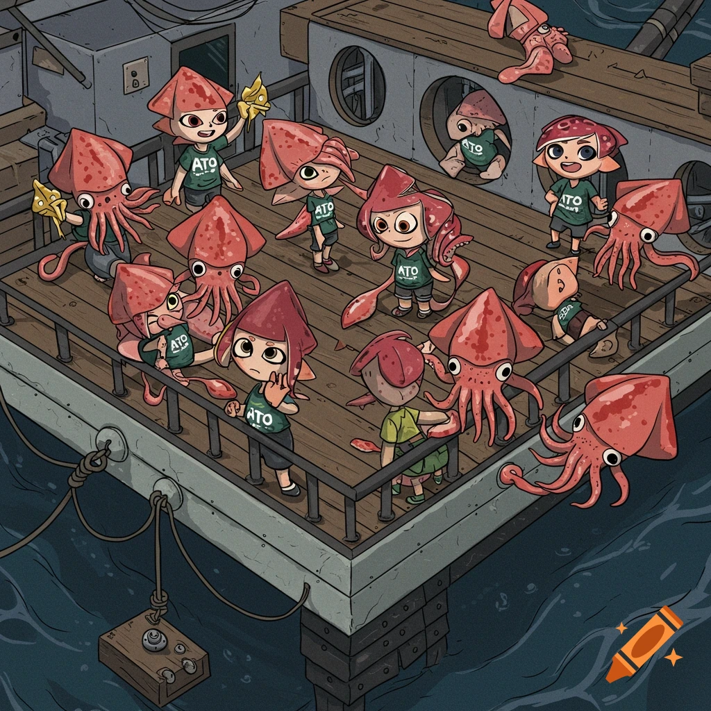 Squids wearing 'ato' shirts on a small deck on Craiyon