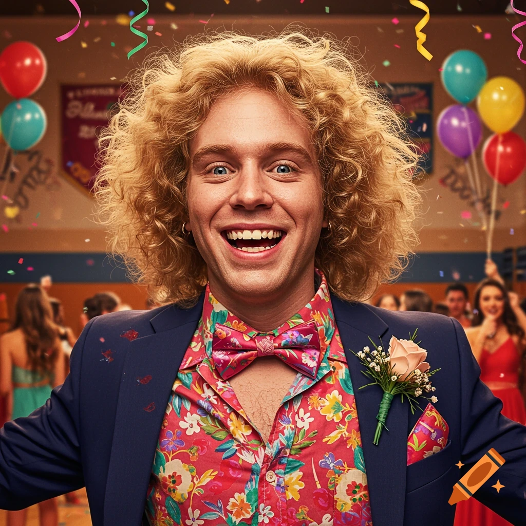 Blonde curly-haired hillbilly at prom night on Craiyon