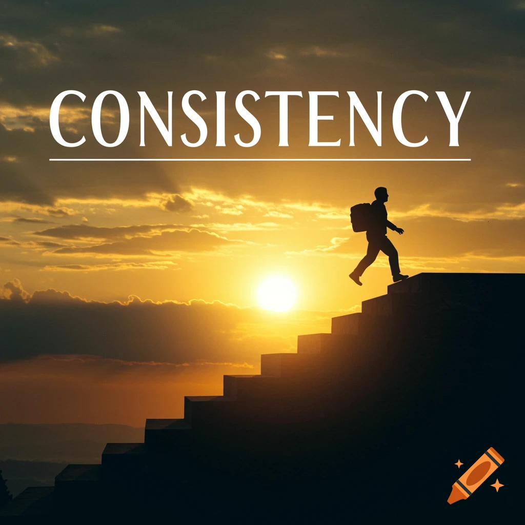 Motivational image: Consistency, man climbing stairs to golden sunrise ...