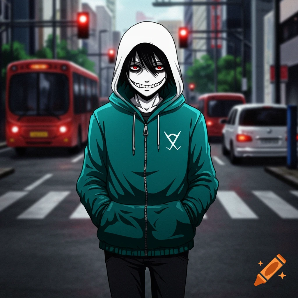 Gloomy man with black hair, red eyes, and teal hoodie in anime style ...