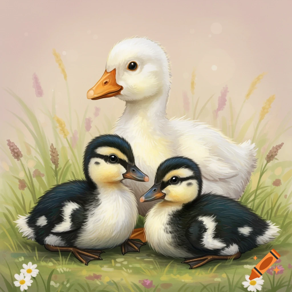 Three magpie ducklings huddling next to an Embden gosling on Craiyon