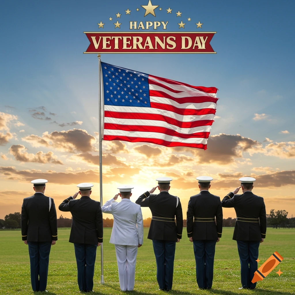 Military Veterans Day parade with soldiers saluting American flag on Craiyon