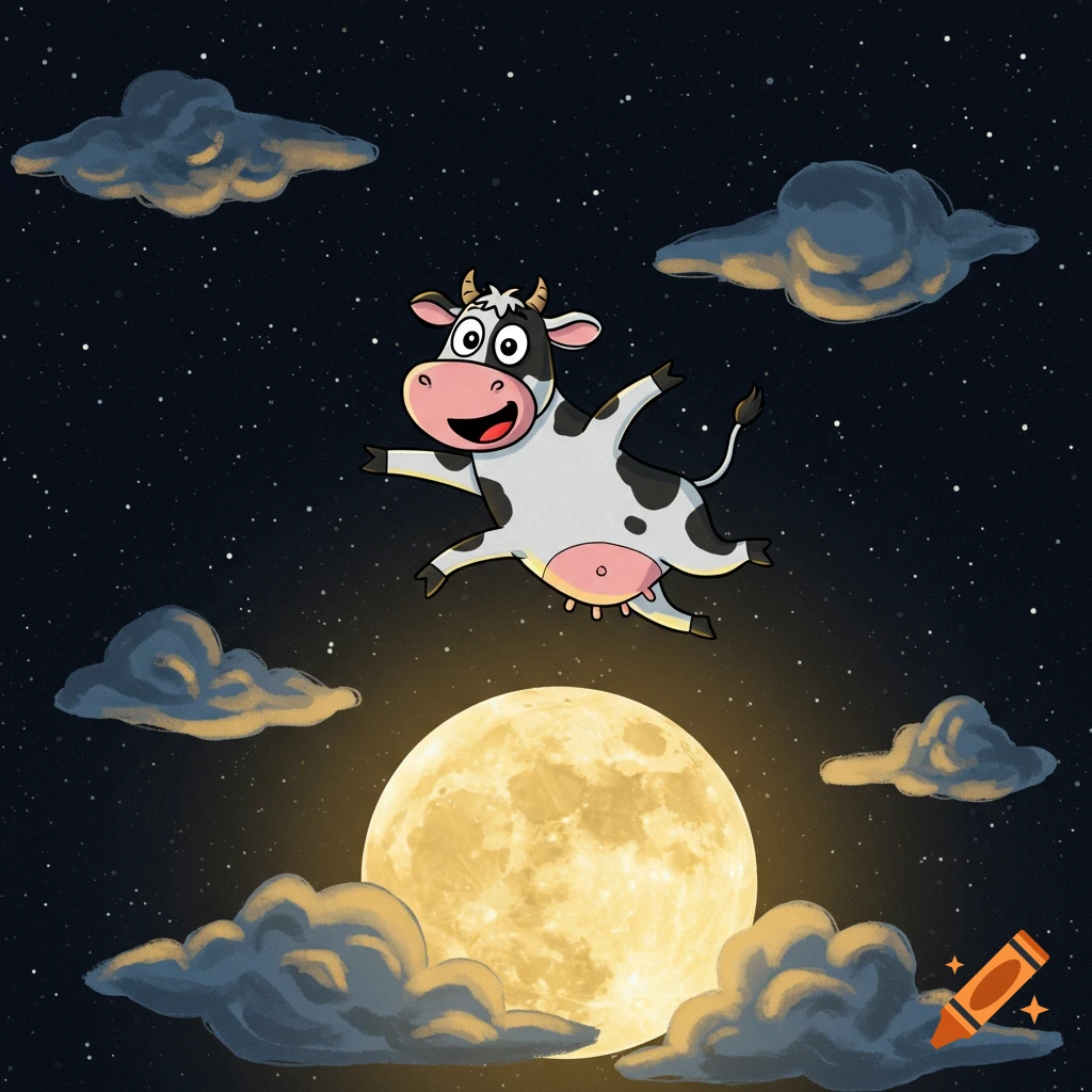 Drawing of a happy cow jumping over the moon on Craiyon