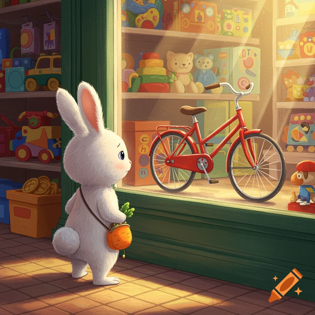 Cartoon bunny Benny looking at a red bicycle in a toy shop window. on ...