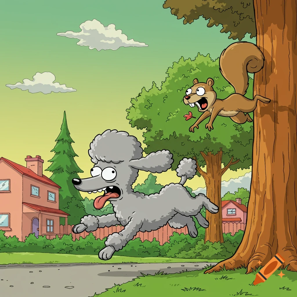 Grey poodle chasing a squirrel in Simpsons style on Craiyon