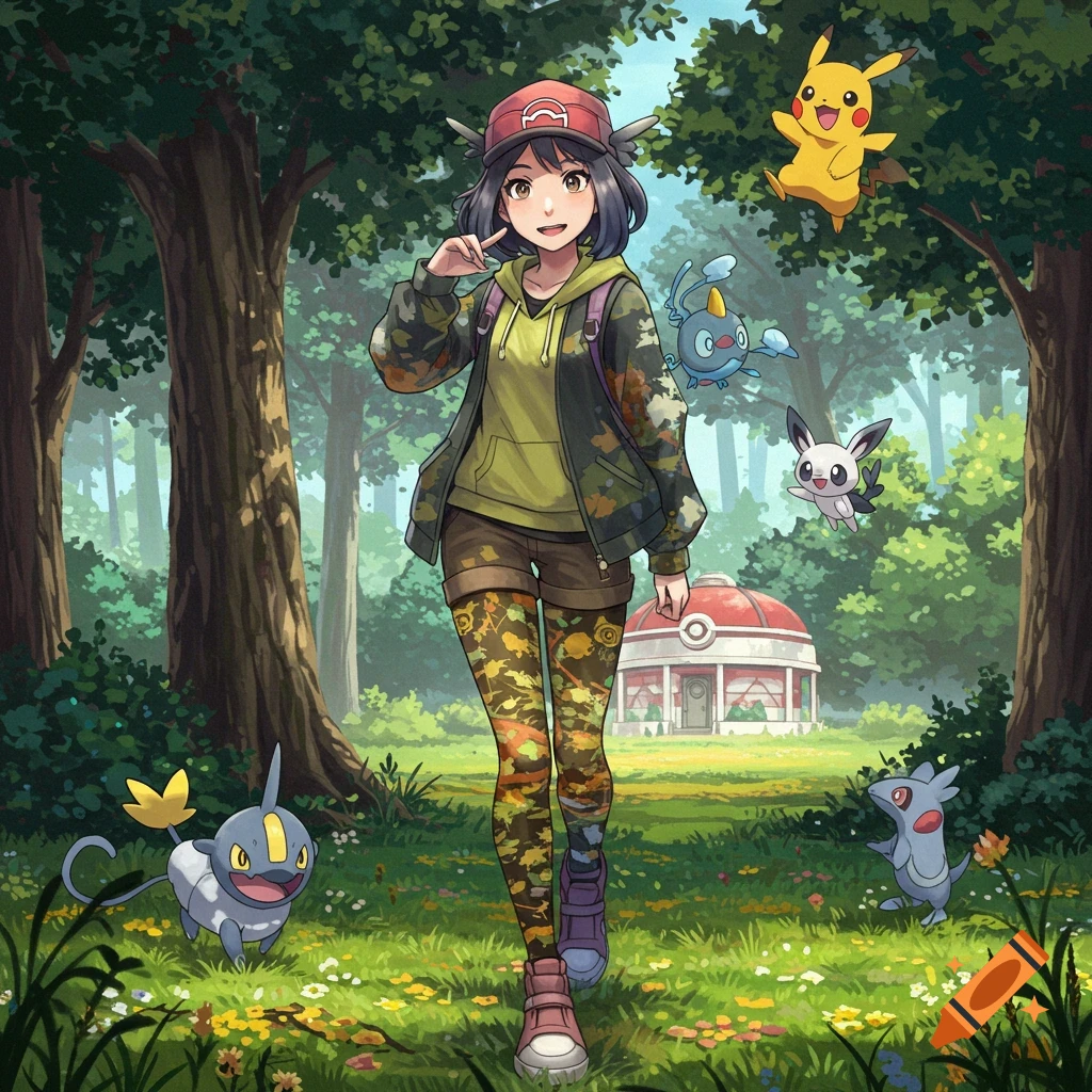 Pokemon with trainer outfit in nature with Pokemon Center in background ...