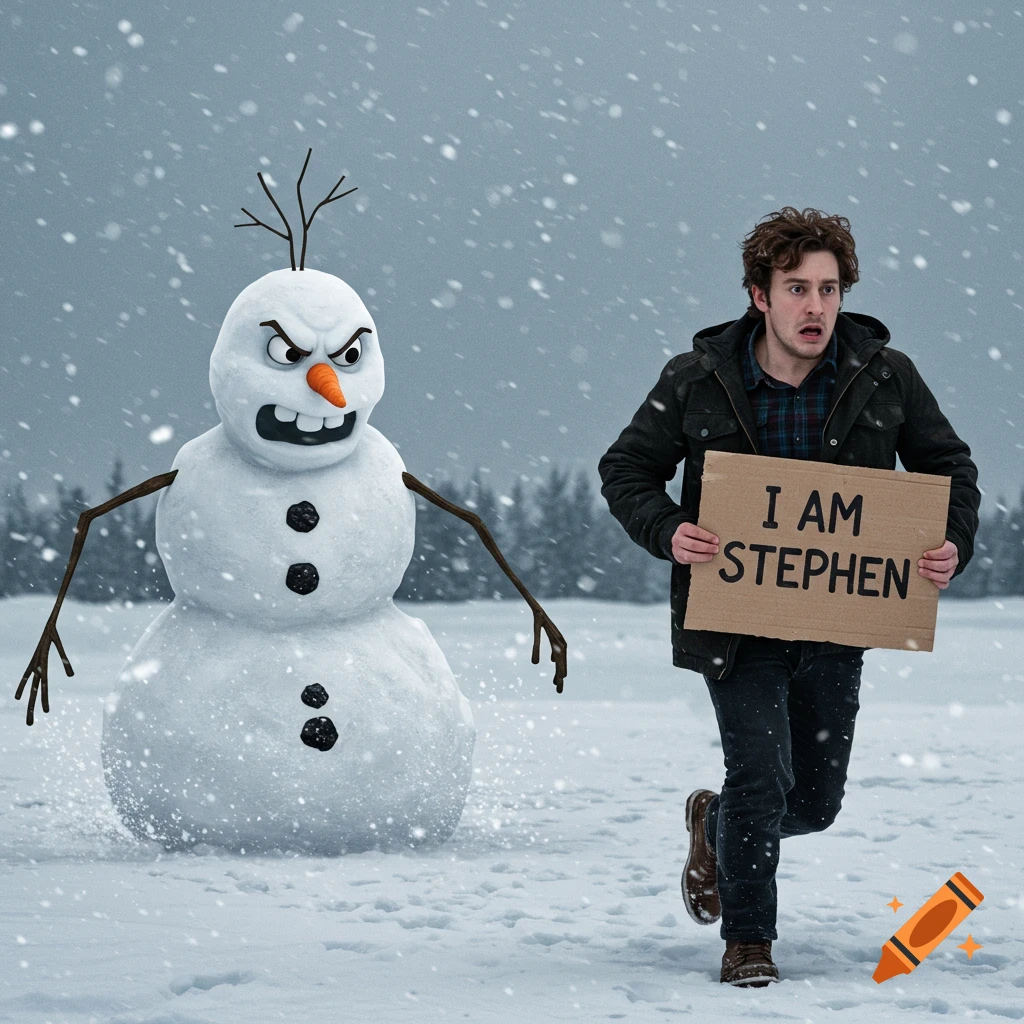 Cartoon man running from angry snowman with 'I am Stephen' sign on Craiyon