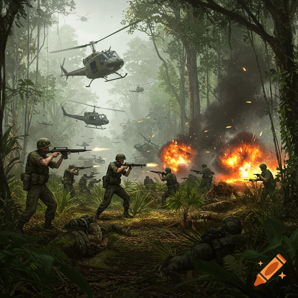 U.S. soldiers fighting in Vietnam jungle with helicopters on Craiyon