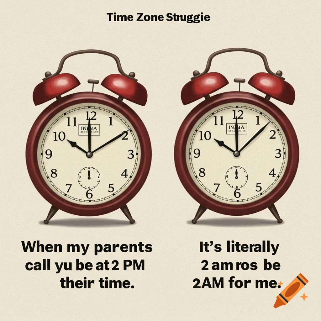 Time zone difference meme with clocks showing India and USA times on ...