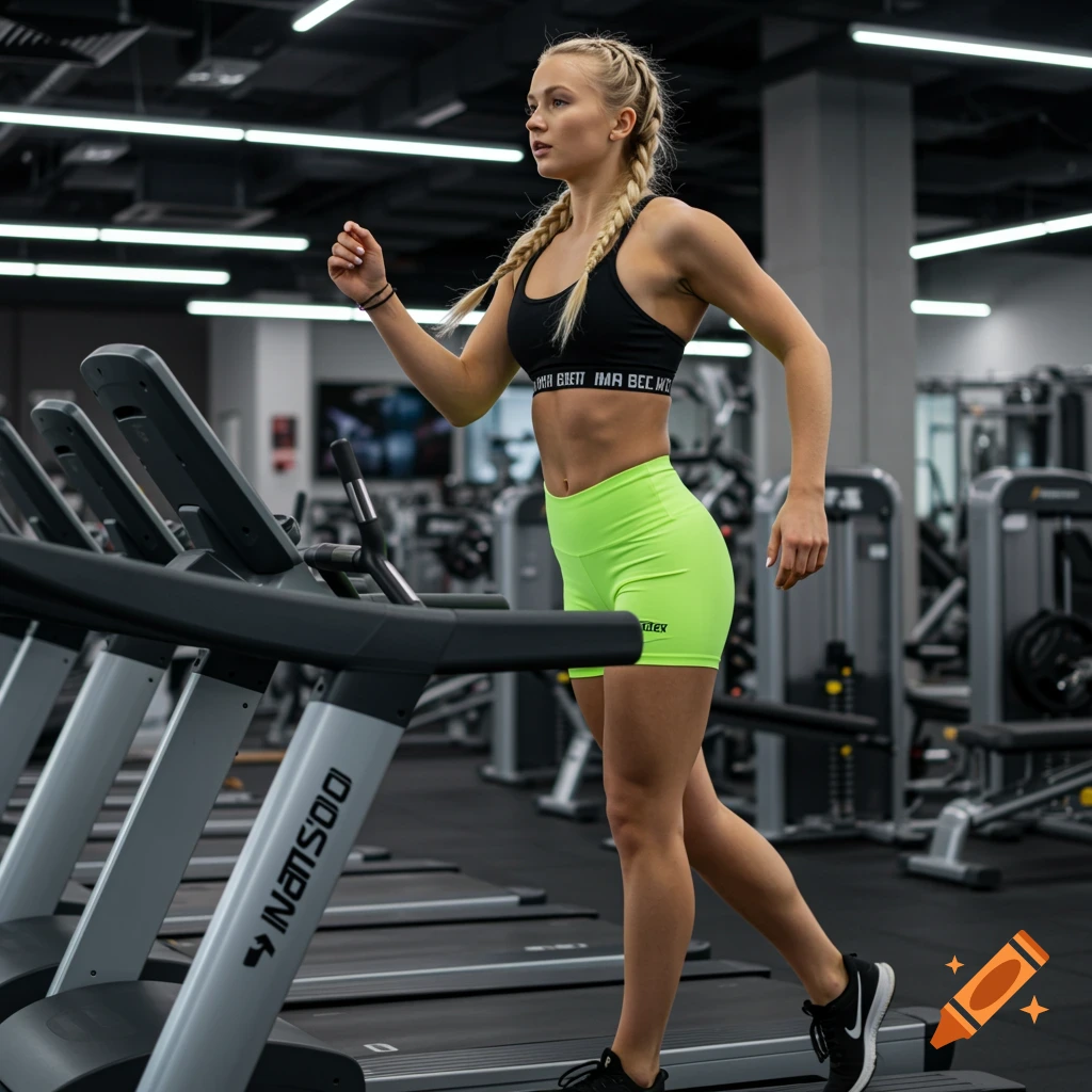 Blonde Norwegian girl working out in spandex shorts at the gym on Craiyon